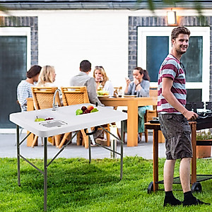 Goplus Folding Fish Cleaning Table with Dual Water Basins, Heavy Duty Fillet Table with Hose Hook Up, Sink and Faucet, Portable Outdoor Camping Sink Station for Dock Beach Patio Picnic, 40''