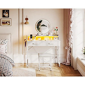 AODK Vanity Desk with Vanity Chair, Makeup Vanity with LED Lights, White Small Vanity Desk Without Mirror, 32 Inch Makeup Table for Small Space with 2 Fabric Drawers, Desk Make Up Vanity for Girls