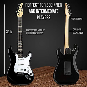 LyxPro Electric Guitar 39" inch Complete Beginner Starter kit Full Size with 20w Amp, Package Includes All Accessories, Digital Tuner, Strings, Picks, Tremolo Bar, Shoulder Strap, and Case Bag - Black