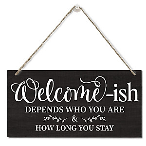 Funny Welcome-ish Hanging Wooden Plaque Decor Sign Outdoor, Welcome Sign for Front Door Printed Wood Plaque, Country Wall Decor Sign Gift, Rustic Farmhouse Wall Decor For Porch Décor 12" x 6"