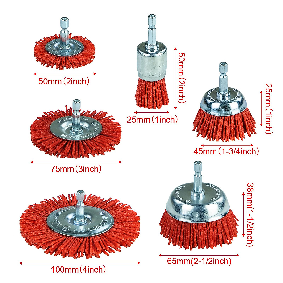 SALI 6 Pack Nylon Filament Abrasive Wire Brush Wheel & Cup Brush Set with 1/4 Inch Hex Shank, 6 Sizes Nylon Drill Brush Set for Removal of Rust Corrosion Paint