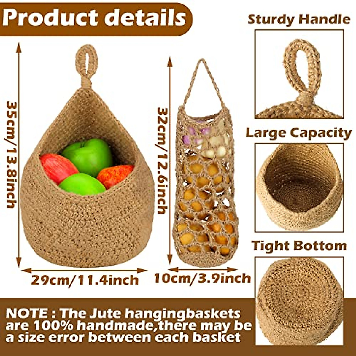 4 Pcs Jute Hanging Fruit Baskets for Kitchen Boho Hanging Wall Basket Handwoven Potato Garlic Onion Pantry Storage Baskets for Kitchen Wall Home Restaurant Vegetable Holder (Khaki, Classic Style)
