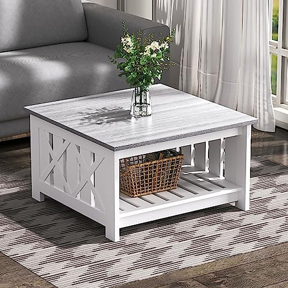 VOXANOXI Square Coffee Table with Storage, Modern Rustic Coffee Table for Living Room, Wooden Farmhouse Coffee Table with Open Storage, Center Table for Living Room, Rustic Grey