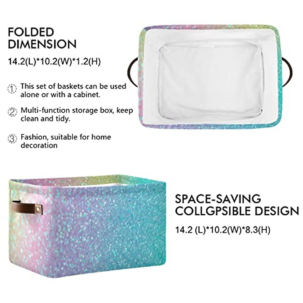 Large Foldable Storage Basket Iridescent Rainbow Glitter Storage Bin Canvas Toys Box Fabric Decorative Collapsible Organizer Bag with Handles for Bedroom Home