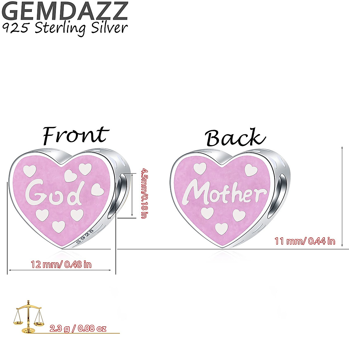 Pink Enamel God Mother Heart Charms, fits Pandora Mom Bracelet, 925 Sterling Silver Godmother Motherly Love Goddaughter Beads, Gift for Christmas/Godmom/Thanksgiving/Daughter