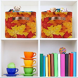 Fall Maple Leaves in Autumn Storage Basket,Large Storage Bin Fabric Collapsible Organizer Bag with Handles 15x11x9.5 inch