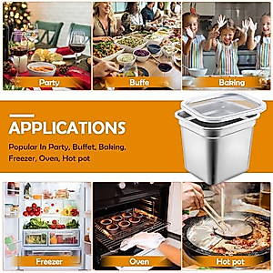 Suttmin 8 Pcs Hotel Pan 1/6 Size Steam Table Pan with PP Plastic Lid Stainless Steel Food Containers with Lids Restaurant Pans Food Prep Pan Anti Clogging Steamer for Buffet Party(6" Deep)