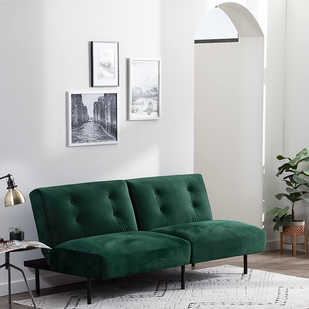 Edenbrook Gilman Futon - Futon Sofa Bed - Futon Couch - Small Futon - Living Room Furniture - Armless Sofa Bed Couch - Sleeper Sofa - Green Velvet Futon, Deluxe