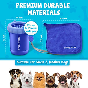 Happy Paws Dog Paw Cleaner | Portable Washer Cup for Small Cute Dogs with Towel and Hanger | Silicone Pet Foot Cleaning Brush Scrubber | Grooming Essentials to Wash Muddy Puppy Feet | Blue