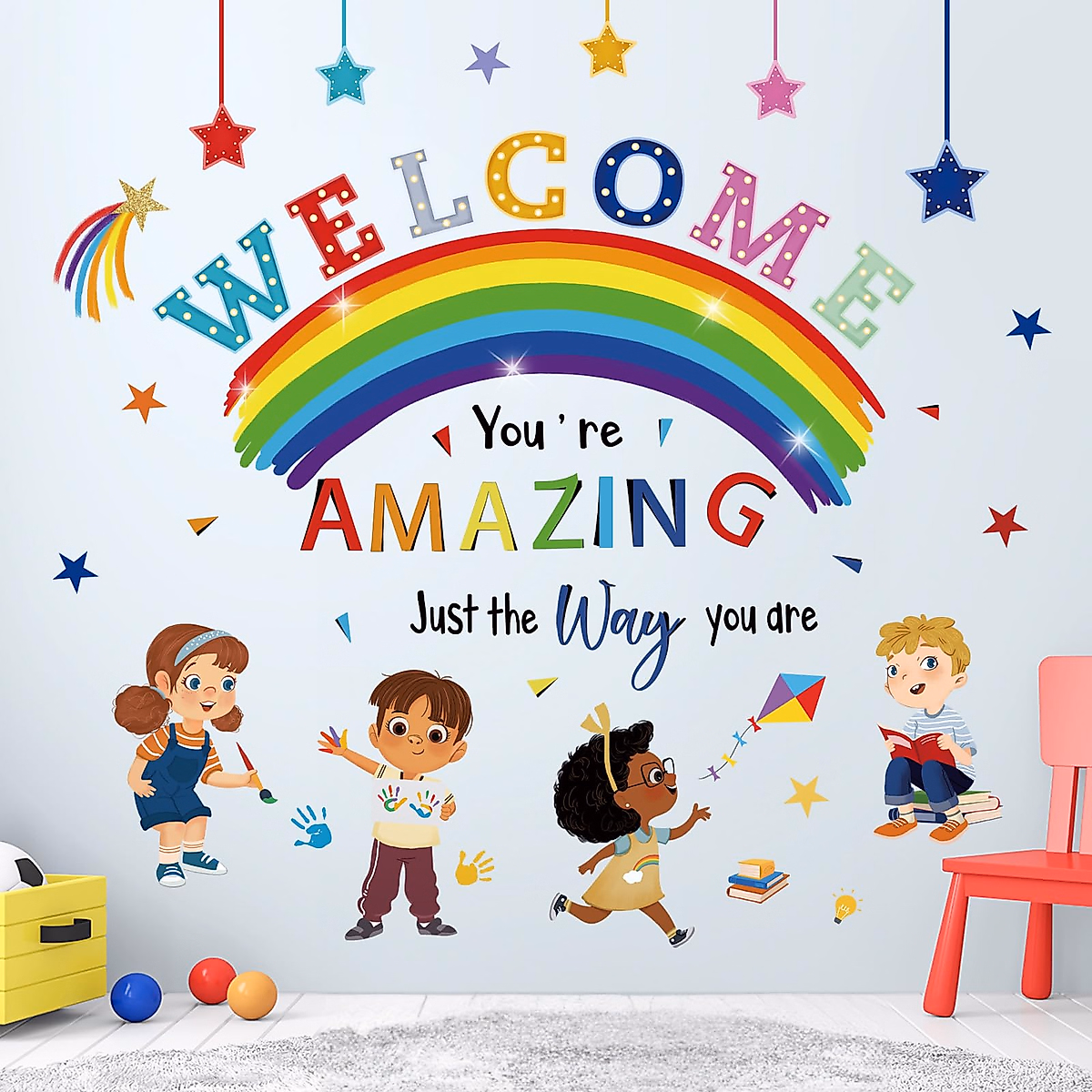 wondever Reading Corner Rainbow Wall Decals Kids Inspirational Quotes You are Amazing Peel and Stick Wall Art Stickers for Reading Room Classroom Kids Room