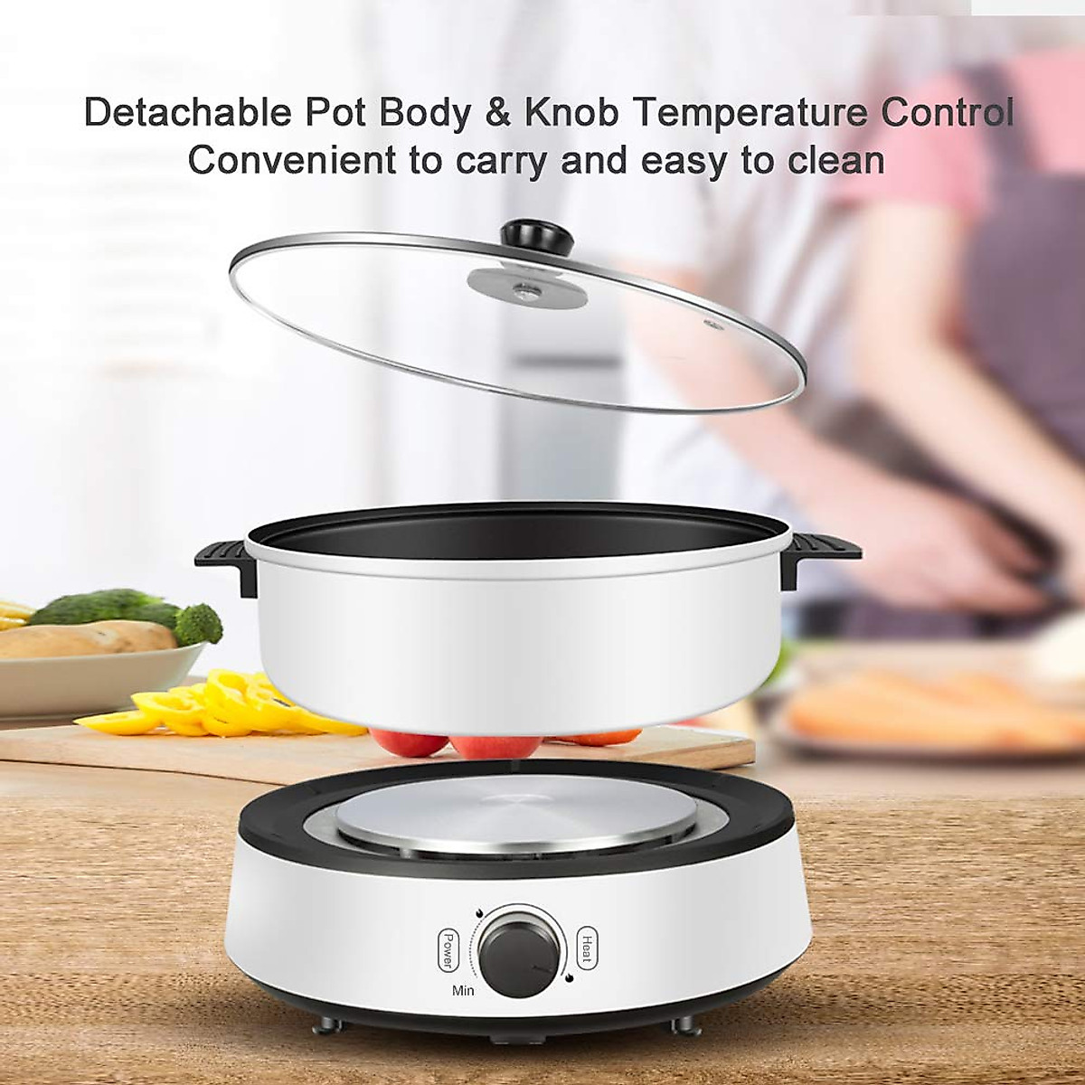 Multifunctional Split Electric hot Pot, Non-Stick Skillet,Large Capacity 4L for 6~8 people,with Temperature Control Fry, Soup, Stew, Grilling, White, 13.39×8.66×14.17 inches (HDJ-1350)