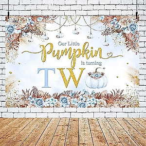 MEHOFOND 7x5ft Boho Blue Fall Pumpkin 2nd Birthday Backdrop Autumn Our Little Pumpkin is Turning Two Bday Party Photography Background Boho Floral Gold Glitter Party Decor Cake Smash Photo Prop