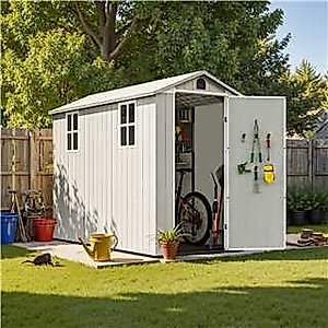 Patiolife 4 x 8 FT Outdoor Resin Storage Shed, Plastic Garden Shed & Outdoor Storage Box with Floor,Windows and Lockable Door for Backyard,Patio,Lawn,Easy Installation,Light Grey(Fit-it Shed)