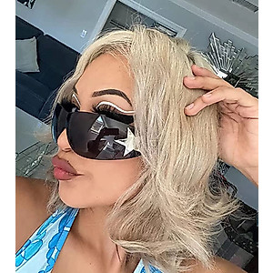 NULOOQ Rimless Y2K Sunglasses for Women Men – Trendy Star Shield Wrap Around Sunglasses Oversized Frameless Sun Glasses (Black/Gray)