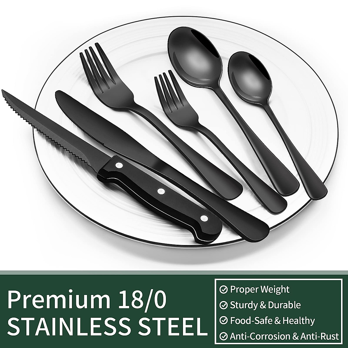 48-Piece Black Silverware Set with Organizer, Black Flatware Set with Steak Knives for 8, Food-Grade Stainless Steel Tableware Cutlery Set, Mirror Finished Utensil Sets for Home Restaurant