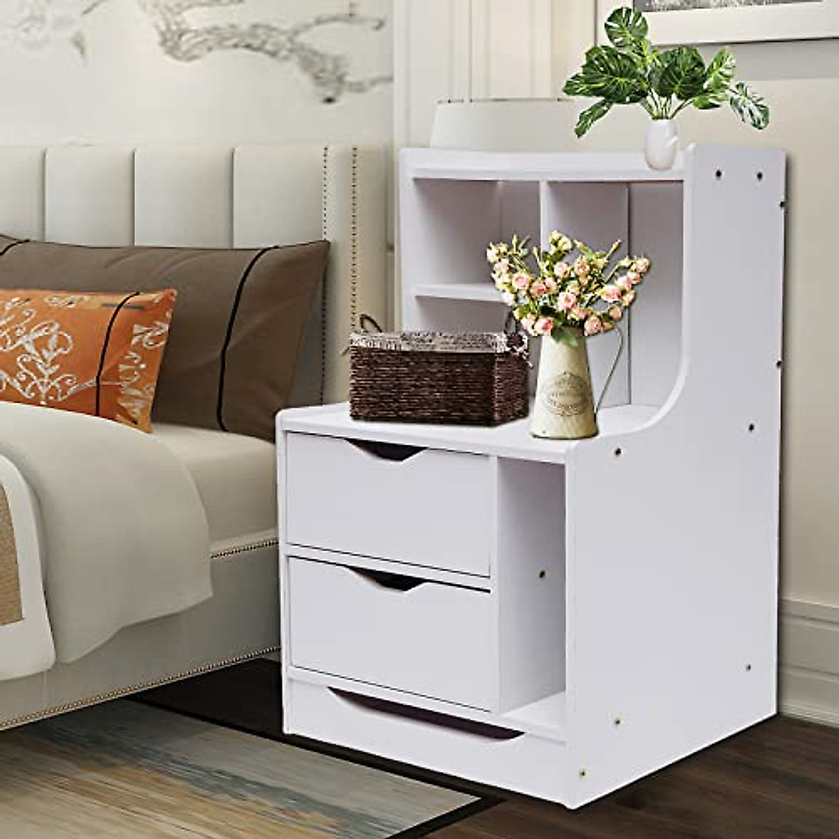 XUANIIIL White Nightstand, Mid-Centry Modern Bedside End Table with 2 Drawers, Easy Assembly Wood Sofa Side Table Storage Cabinet for Living Room, Bedroom