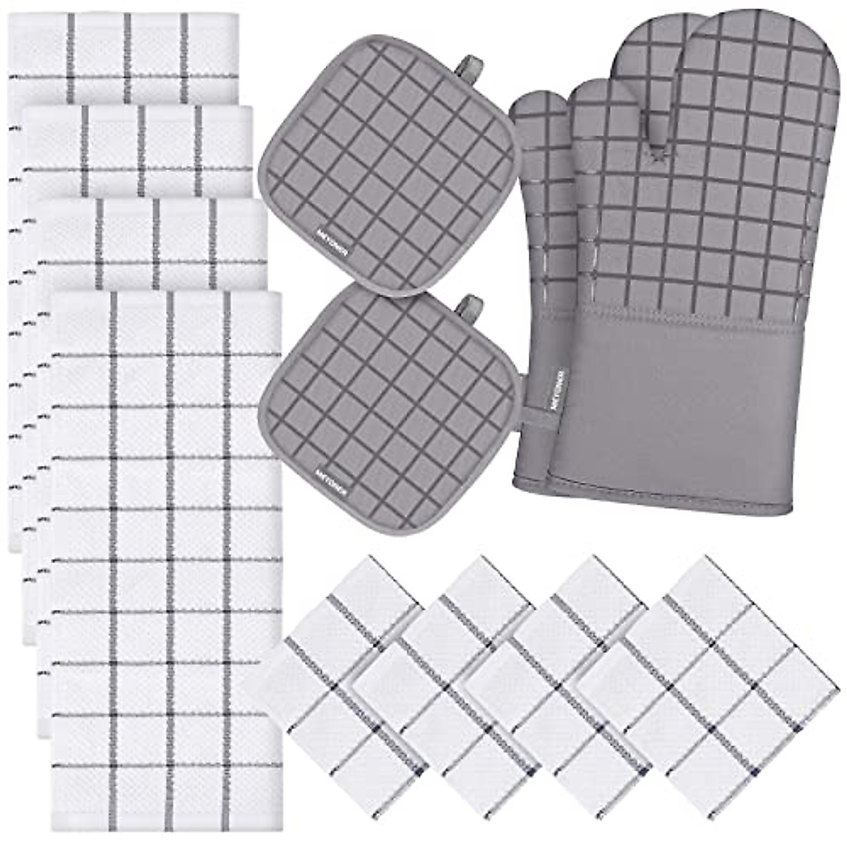 Oven Mitts and Pot Holders Set with Kitchen Towels and Dishcloths, 500 Degree Heat Resistant Oven Gloves and Hot Pads, Premium Soft Cotton Kitchen Hand Towels and Dish Cloth Sets Hanging Loop Gray
