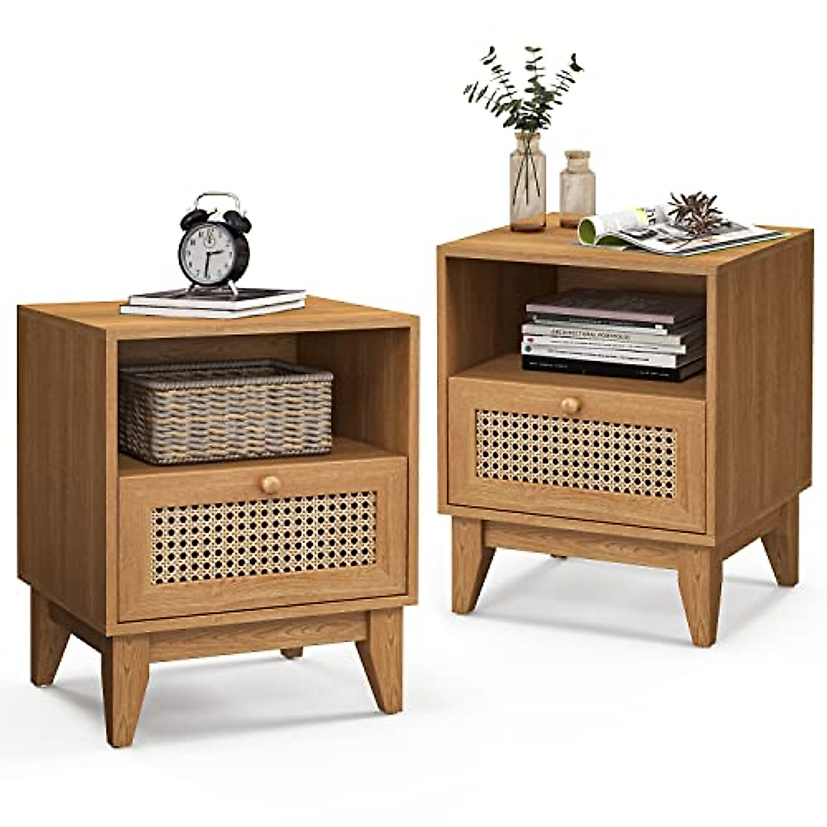 TOLEAD Nightstand Set of 2, Rattan Nightstand with Drawer & Open Shelf, Boho Accent End Table Side Table Bedside Tables with Solid Wood Feet for Bedroom, Living Room
