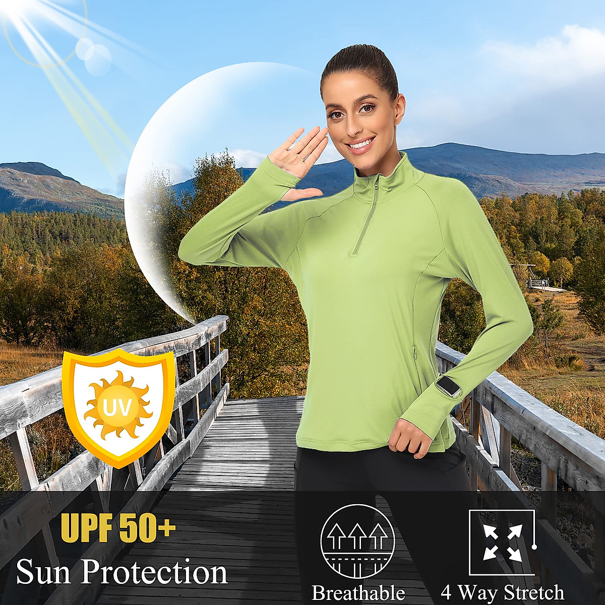 CUNYI Womens UPF 50+ Sun Protection Long Sleeve Quarter Zip Pullover Quick Dry Hiking Shirts with Zipper Pockets Workout Tops, Light Green, XXL