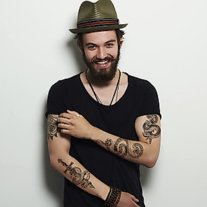 16 Sheets Realistic Snake Temporary Tattoo 3D Tribal Serpent Fake Tattoos Waterproof Peony Fake Rose Tattoos Temporary Viper Floral Designed Tattoo Stickers with Forearm Swords for Arm Body Art, Black