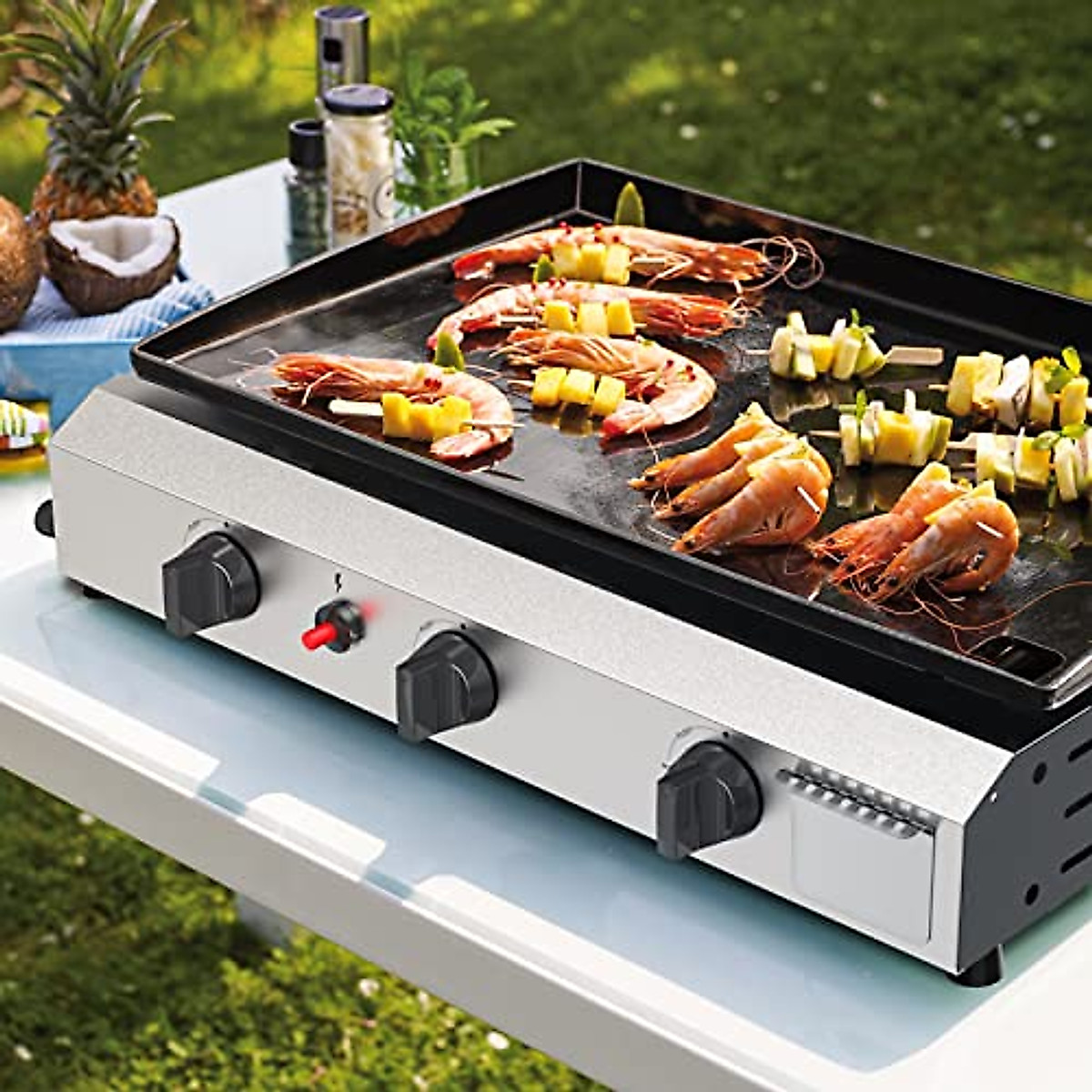 ADREAK 25.6 Inch 3 Burner BBQ Gas Grill Griddle, Stainless Steel Portable Detachable 30,000 BTU Table Top Propane Grill, Patio Garden Barbecue Grill with Two Side Table for Outdoor Cooking Camping or Tailgating (Only Griddle)