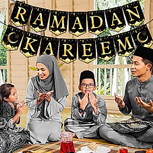 Ramadan Mubarak Banner Party Decorations Black Gold Moon Lantern Hanging Bunting Ramadan Kareem Hanging Banner Party Supply for Home Wall Window Door Fireplace Mantle Ramadan EID Party Favor