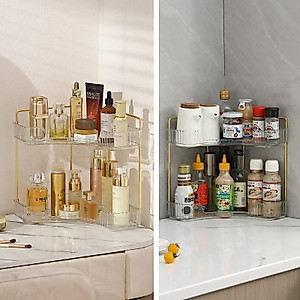 INVSSENE Corner Bathroom Countertop Organizer, Vanity Trays for Bathroom Counter, Makeup Organizer, Perfume Tray, Kitchen Spice Rack, Fits 90 Corner(Clear, 2 Tiers)