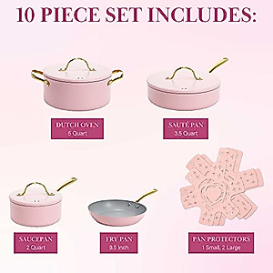 Paris Hilton Iconic Nonstick Pots and Pans Set, Multi-layer Nonstick Coating, Matching Lids With Gold Handles, Made without PFOA, Dishwasher Safe Cookware Set, 10-Piece, Pink