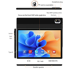 DUODUOGO Tablet 10 inch, Octa core Android Tablet with 10GB+64GB/1 TB Expansion, 5G WiFi, 5MP Dual Camera, 6000mAh, Split-Screen, Widevine L1, 10 inch Tablet PC - Black