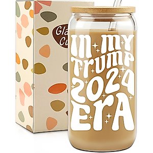 Trump 2024 Glass Cup, IN MY TRUMP 2024 ERA 16oz Glass Cups, Donald Trump Take America Back Election, Drinking Glass Tumbler With Lids and Straws, Iced Coffee Cups Personalized Gifts for Women Men