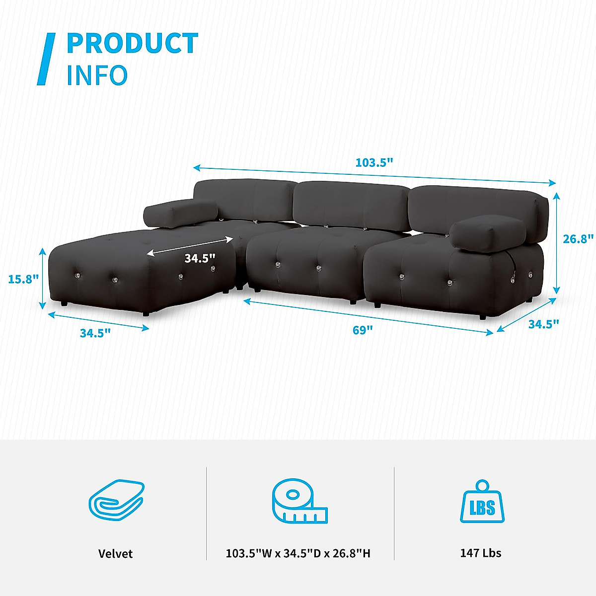 Mjkone Modular Sectional Sofa with Reversible Chaise, Velvet L Shaped Cloud Couch with Reversible Ottoman, 4 Seater Couch Button Tufted Designed, DIY Combination Sofa for Living Room, Dark Grey