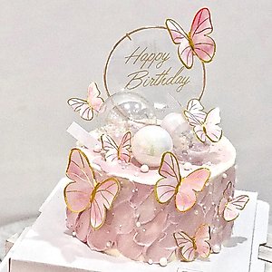 Pink Butterfly Cake Toppers, 11pcs Cupcake Toppers Happy Birthday Metal Gold Topper for Girls Women's Party Decorations