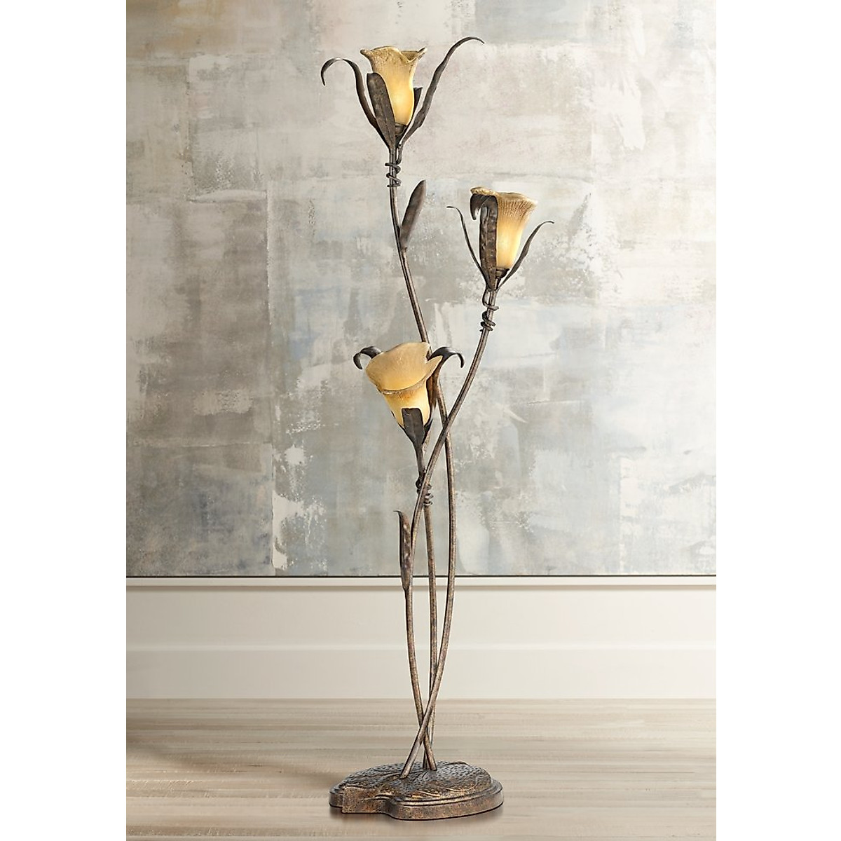 Franklin Iron Works Rustic Farmhouse Sculptural Floor Lamp Standing 68 1/4" Tall Bronze Gold 3-Light Amber Glass Intertwined Lily Flower Shade for Living Room Reading Bedroom Office House Home