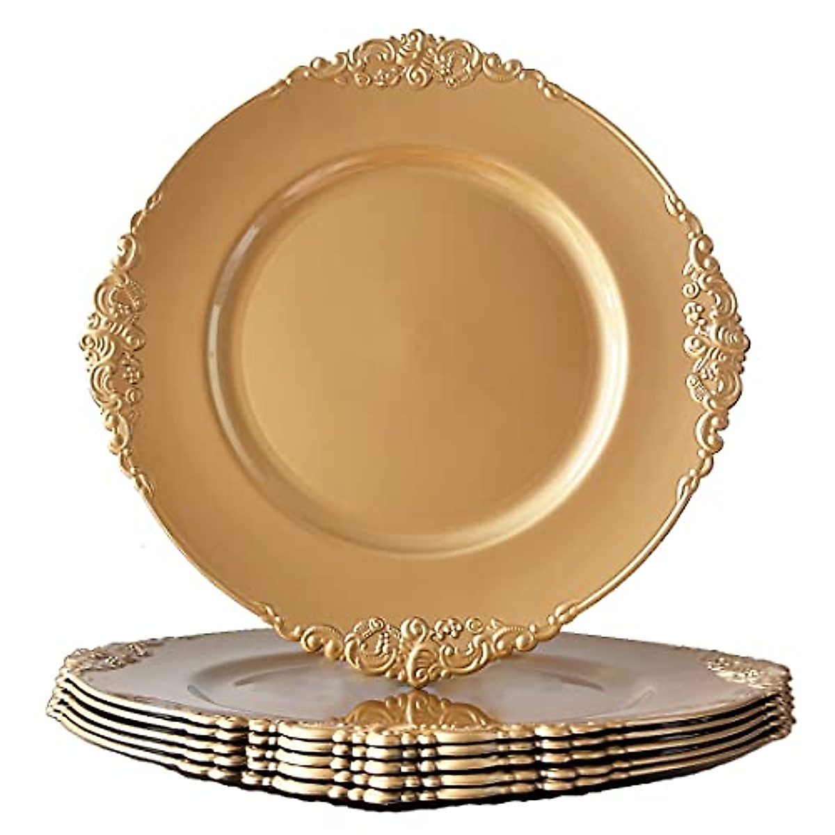 Umisriro Antique Gold Charger Plates, 13 Inch Embossed Chargers for Dinner Plates. Set of 6 Plastic Charger for Wedding, Party, Elegant Tableware Chargers Decoration.
