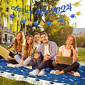 Navy-Blue White-Gold Party-Decorations Graduation Banner - 8pcs Kits Class of 2024 Cap Garland Streamers, Paper Tissue Pom Poms Flowers, Congratulations Grad Decor Lasting Surprise