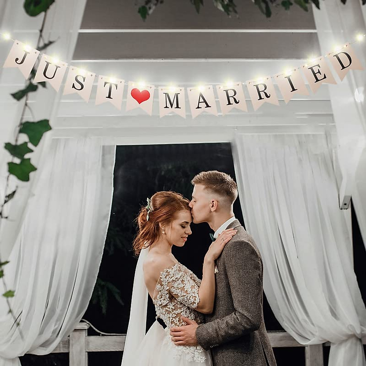 Just Married Banner, Wedding Bunting Banner with 8 Flicker Mode LED Fairy String Light, Hanging Sign Garland Pennant Photo Booth Props for Bridal Shower Wedding Engagement Car Party Decoration