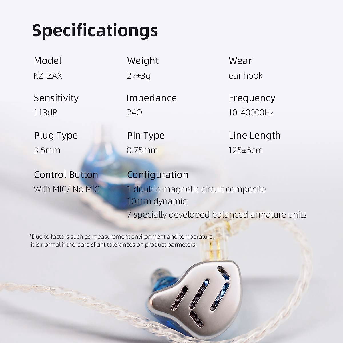 KZ Zax in Ear Monitor Headphones, HiFi IEM Stereo Noise Isolating Sport Wired Earbuds with Detachable Cable for Musician Audiophile