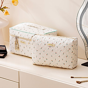 HBselect Quilted Makeup Bag, 3PCS Cotton Large Travel Makeup Bag, Cute Floral Coquette Make up Bag Cosmetic Bag Toiletry Bag for Women Girls