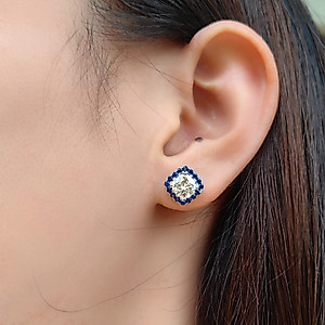 DovEggs Moissanite Stud Earrings for Women 10K White Gold Post 2ct GHI Cushion Cut Halo Created Moissanite with Blue Sapphire Push Back Earrings Sterling Silver (6X6mm Cushion-Cut)