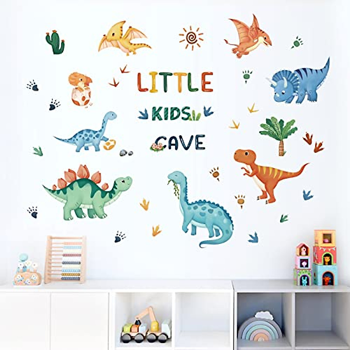 decalmile Watercolor Dinosaur Wall Decals Dino Tropical Plants Wall Stickers Baby Boy Kid Bedroom Playroom Wall Decor