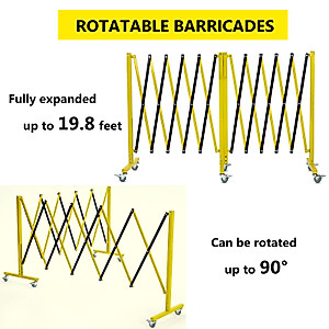 Garvee 19.8 FT Industrial Expandable Metal Barricade, Rotatable & Portable Safety Barrier with a Warning Board and Casters, Retractable Traffic Fence Mobile Safety Barrier Gate Yellow Black