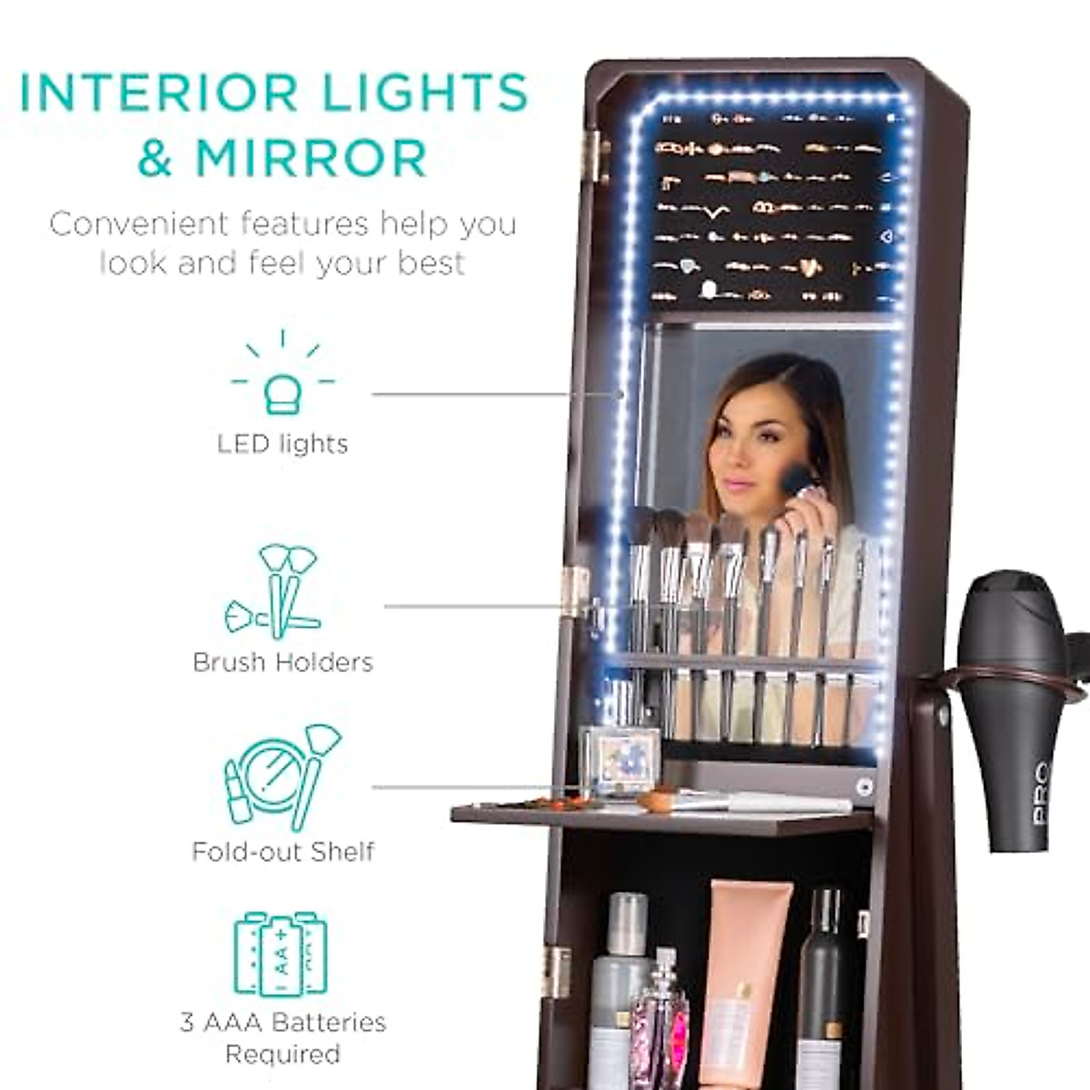 Best Choice Products Standing Full Length LED Mirror Jewelry Makeup Storage Organizer Cabinet Armoire w/Interior & Exterior Lights, Touchscreen, Pop-Up Shelf, Velvet Lining, 4 Compartments, Drawer