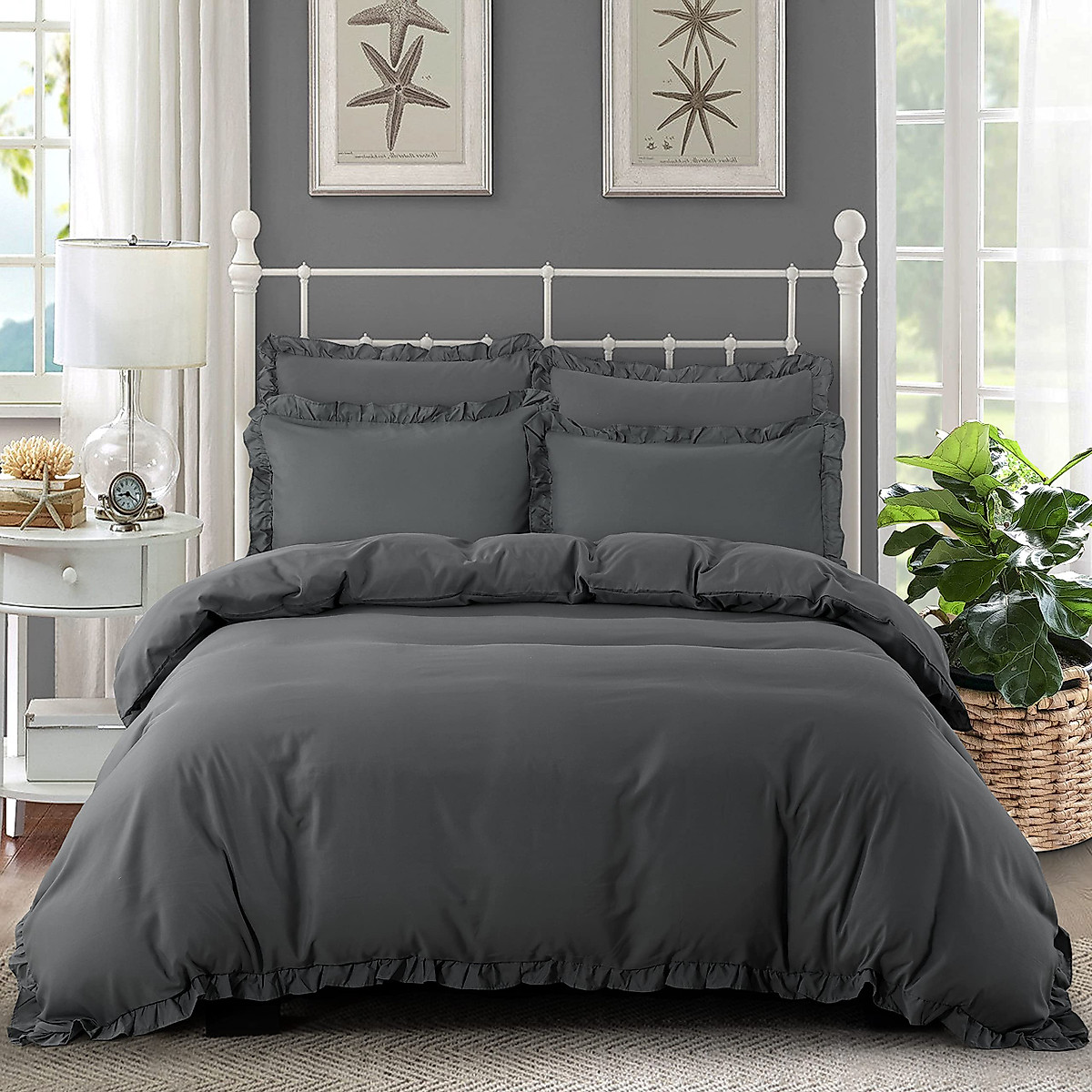 Chvonttow 5 Pieces Sage Green Ruffle Duvet Cover Set, Ultra Soft Microfiber Duvet Cover Queen Size Set, Bedding Duvet Cover Set with Zipper Closure, 1 Duvet Cover + 4 Pillowcases (Sage Green, Queen)