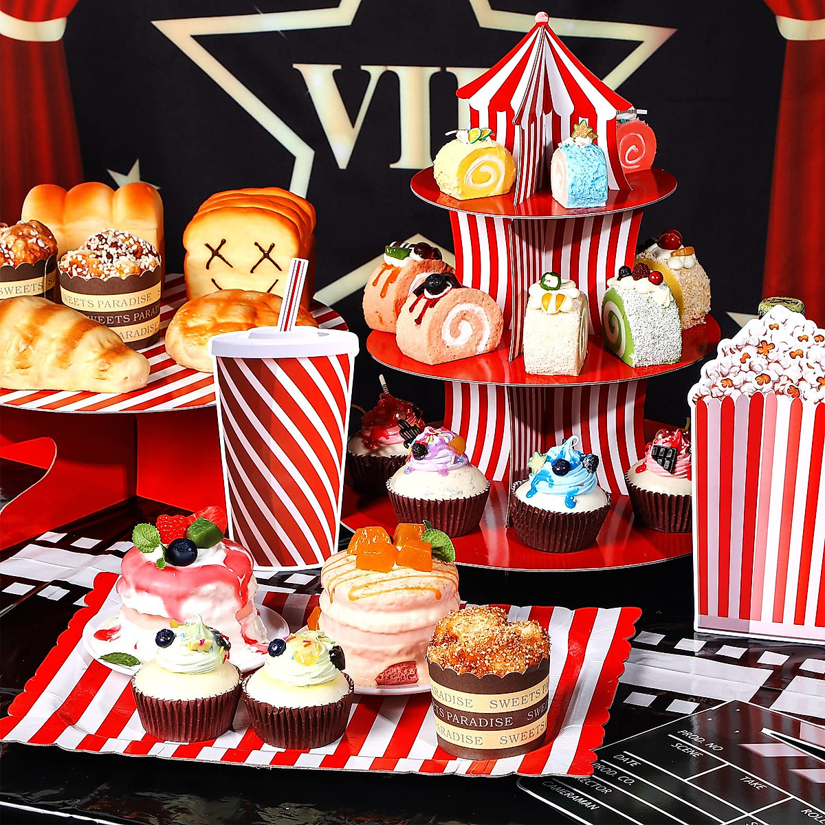 7 Pieces Carnival Cake Stand Set 3 Tier Circus Carnival Cupcake Stand 1 Tier Round Cake Stand Rectangle Serving Tray Reusable Platters Cupcake Holders for Dessert Circus Birthday Party Supplies