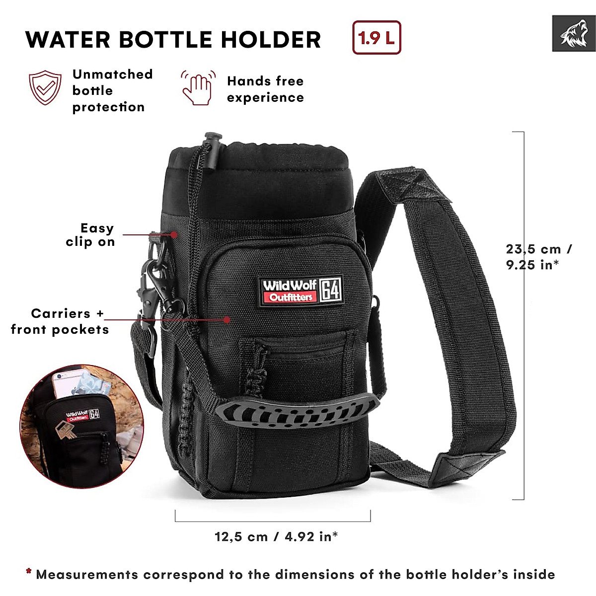 Wild Wolf Outfitters WWO Water Bottle Holder for 64oz Bottles Black - Insulated with 2 Pockets & Adjustable Strap - Carry, Protect and Insulate Your Flask - Military Grade Carrier