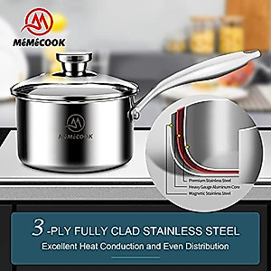 MÉMÉCOOK 2 Quart Saucepan With Lid, Stainless Steel Pot, Sauce Pan, Cooking Pot, Saucepans Full Body Tri-Ply 18/8 Food Grade, Stainless Steel Pots, Small Saucepan, Small Pot, Small Pots For Cooking