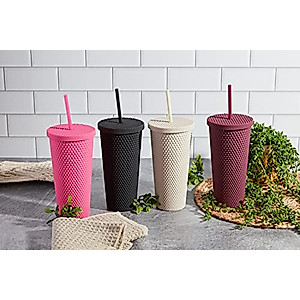 Matte Studded Tumbler with Lid & Straw, Reusable BPA Free Plastic Water Bottle, Travel Friendly Water/Iced Coffee/Cold Brew/Smoothie Textured Cold Cup, 24oz (Forest Green)