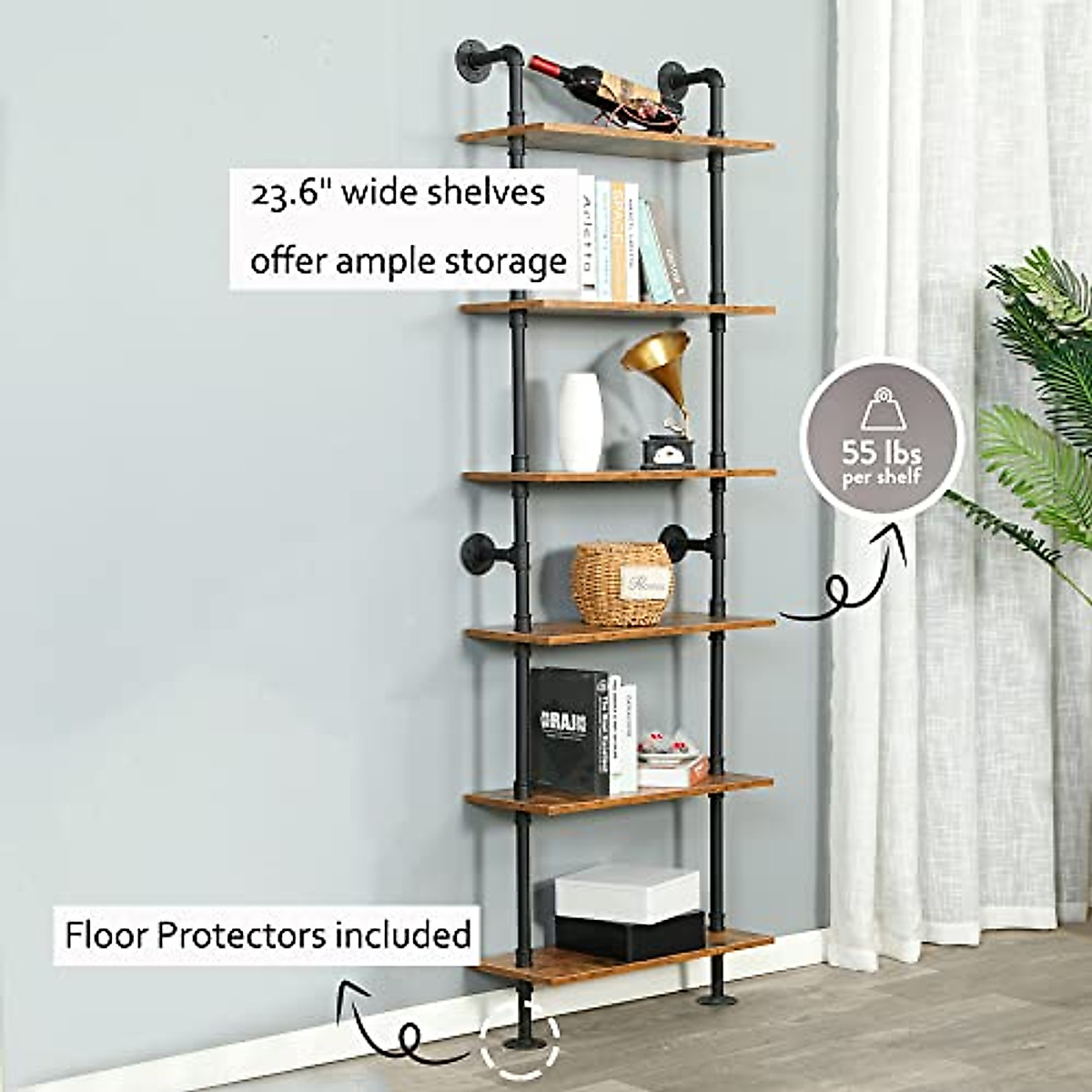 Industrial Pipe Shelving, 6-Tier Pipe Shelves Ladder Shelf, Modern Bookcase Wall Mount Bookshelf with Metal Frame, Book Shelves Wall Decor Wood Shelves for Home, Living Room, Office(23.6x9.8x78.8)