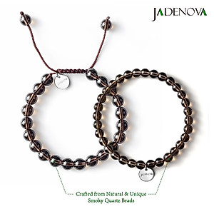JADENOVA 6/8mm Natural Smoky Quartz Gemstone Bracelets Round Beads Stretch Bracelet Adjustable Beaded Bracelet Couple Distance Bracelets Unisex (2pcs Bracelet Set)