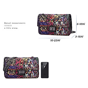 Wxnow Quilted Crossbody for Women PU Leather Shoulder Bags Purse with Chain Strap Handbags Black Graffiti